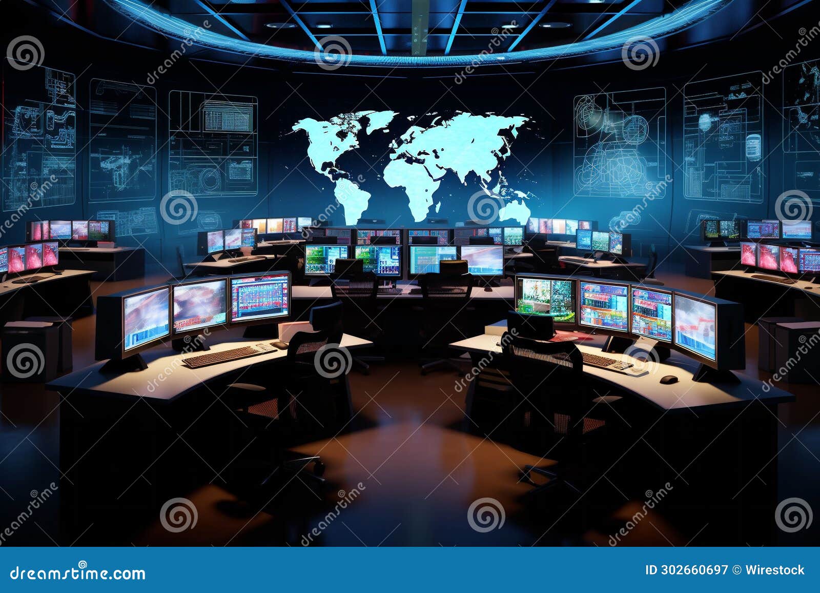 Interior of a Mission Control Center with Multiple Computers and Large ...