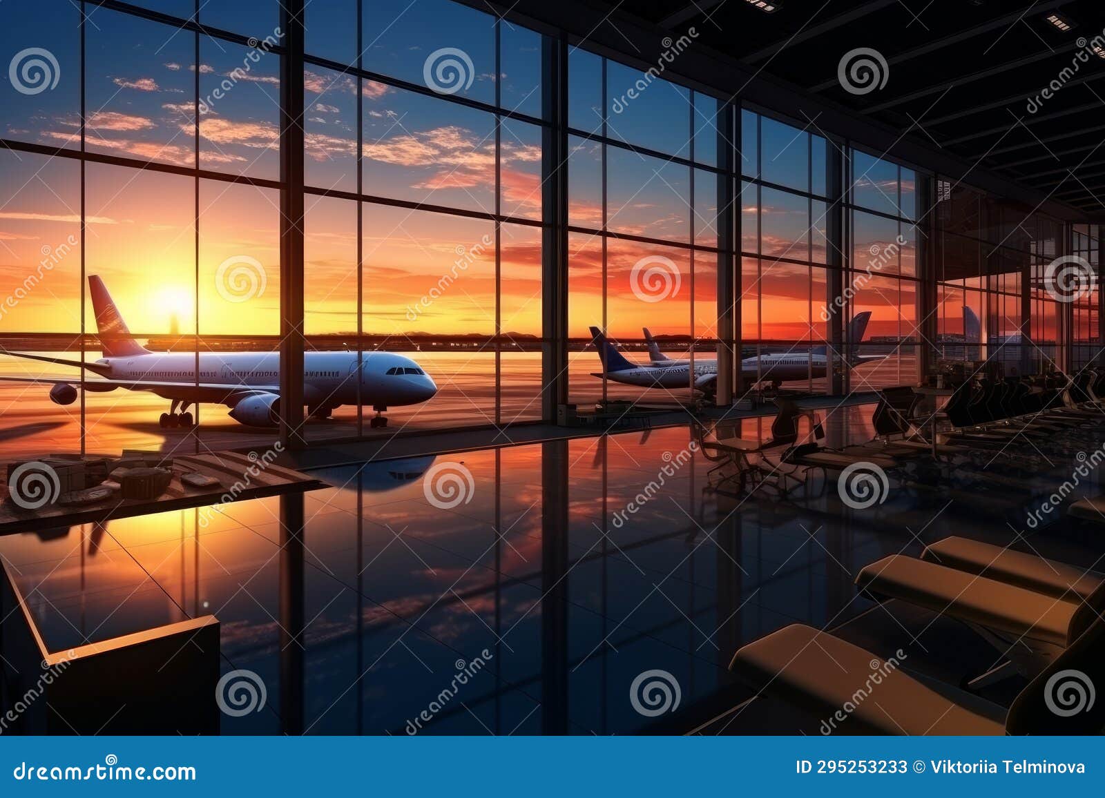 The Interior of a Modern Airport, Huge Panoramic Windows Stock ...