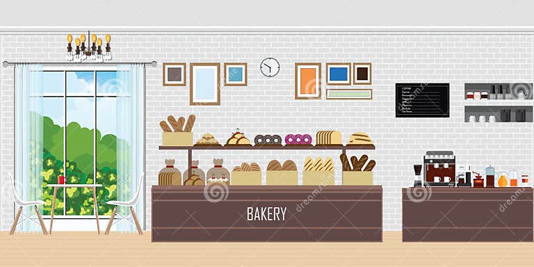 Interior of Modern Bakery Shop with Display Counter Stock Vector ...