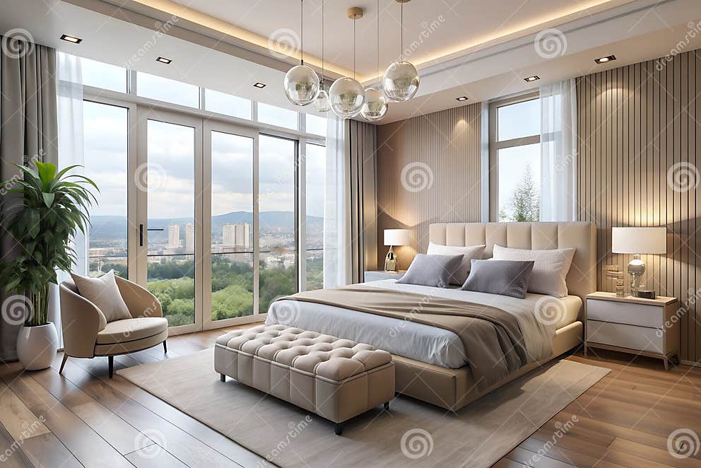 Interior of Modern Bedroom with Panoramic Windows in a Modern Style in ...