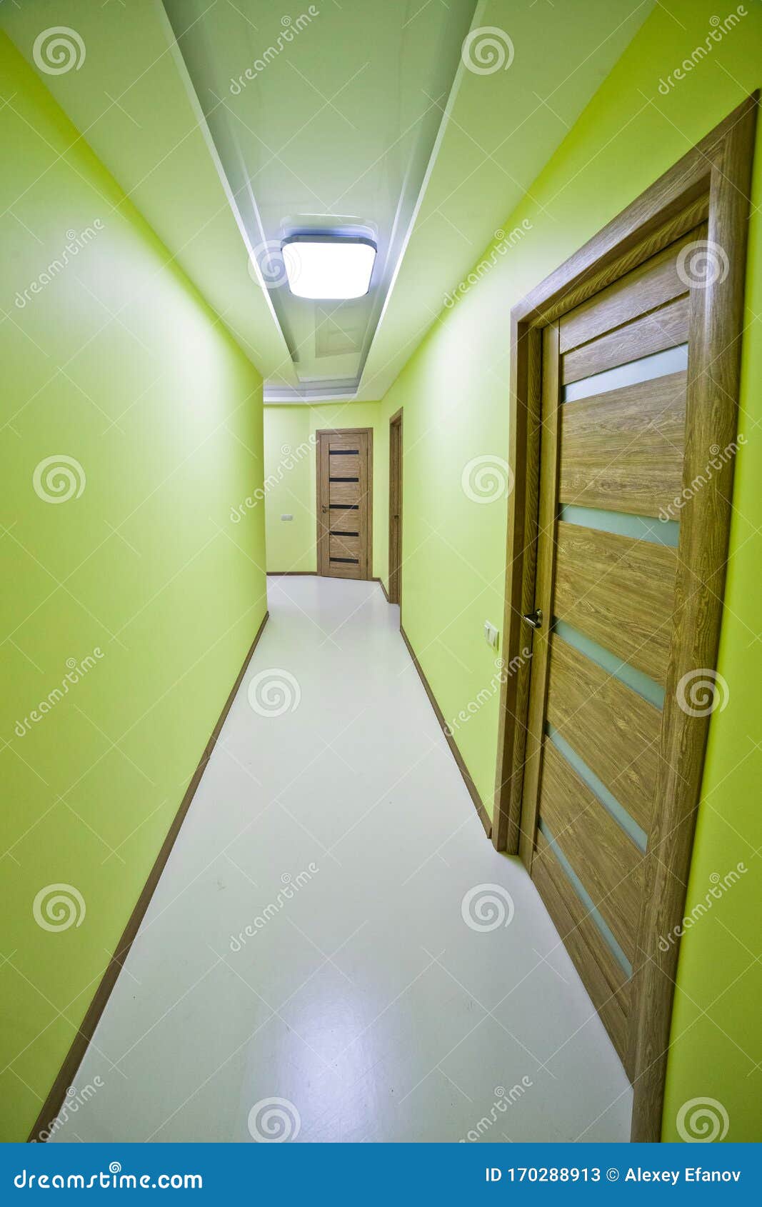 Long Corridor in Shades of Green Stock Image - Image of render, modern ...