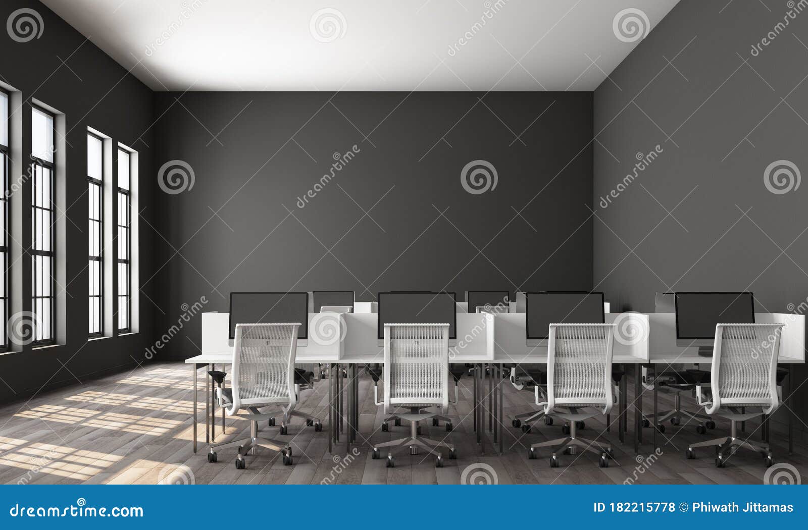 Interior of Modern Black Office with Rows of White Computer Stock ...