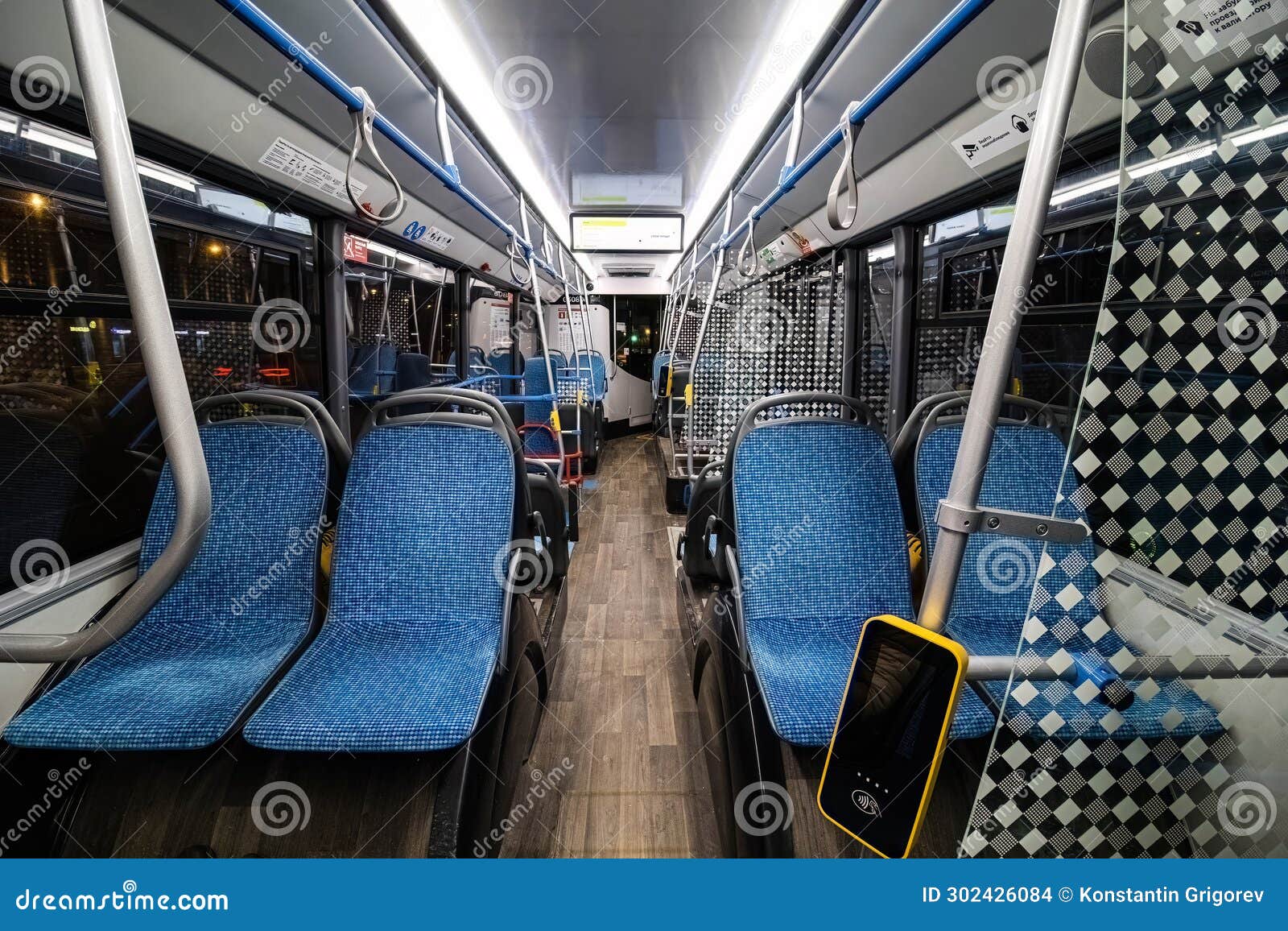 Interior of Modern Bus or Trolleybus. Comfortable Blue Seats Inside ...