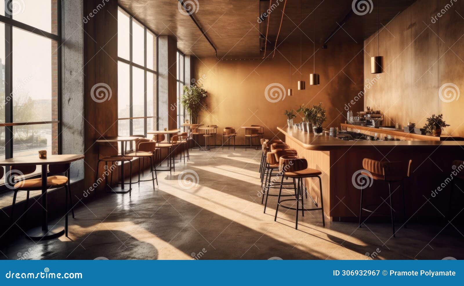 Interior of Modern Cafe with Bar and Chairs with Concrete Walls and ...
