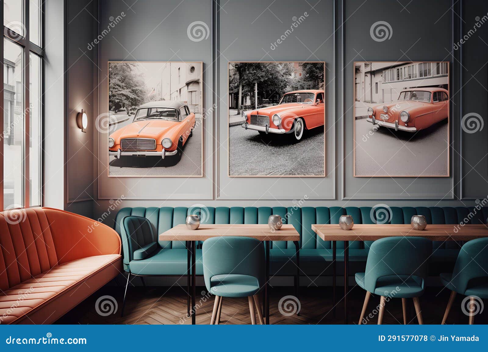 Interior of Modern Cafe with Red Sofa, Coffee Table and Vintage Car ...
