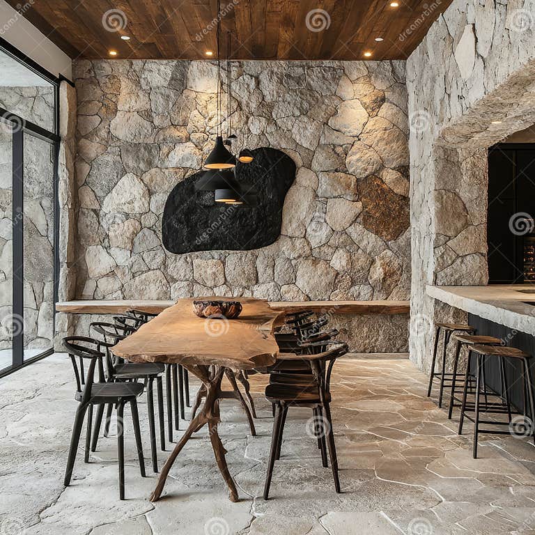Interior of Modern Cafe with Stone Wall and Wooden Table. 3d Render ...
