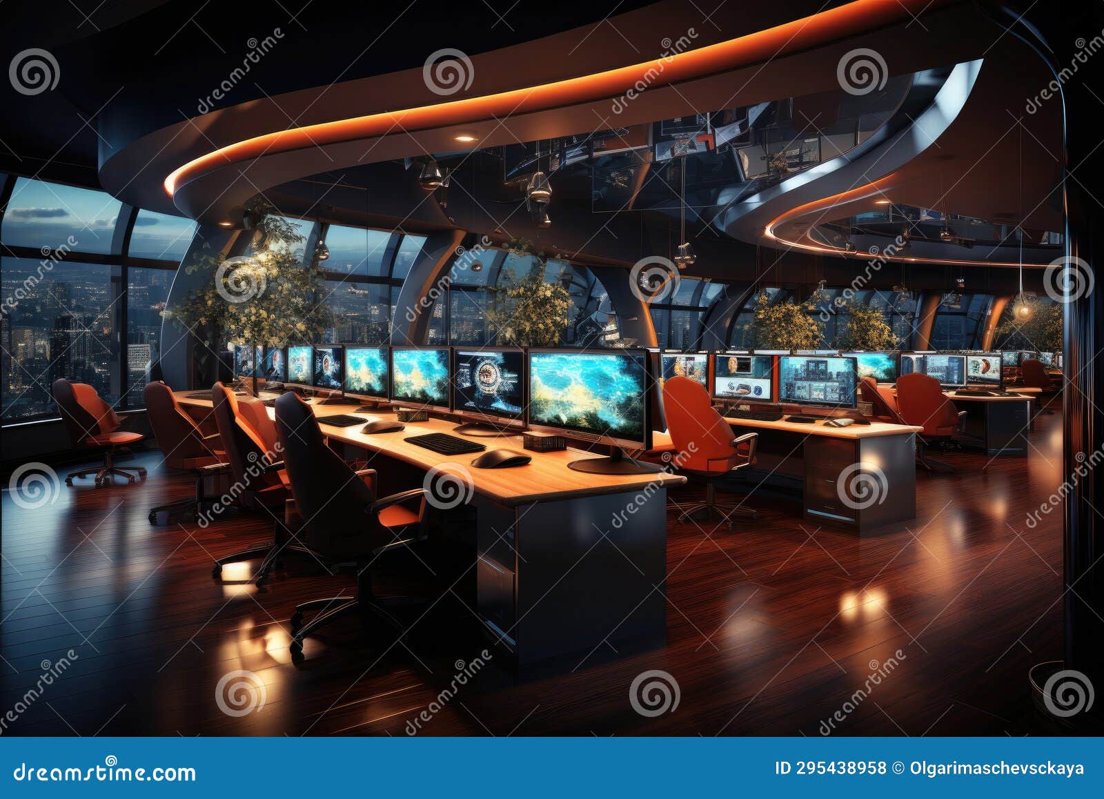 Interior of a Modern Call Center Space with Large Panoramic Windows in ...