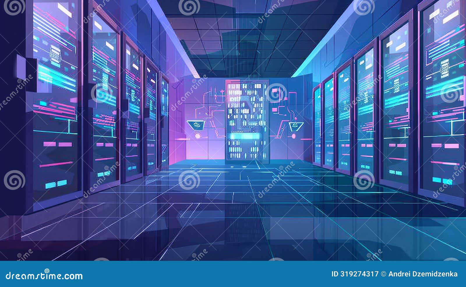 An Interior Modern Cartoon Showing Future Data Center Hardware and ...