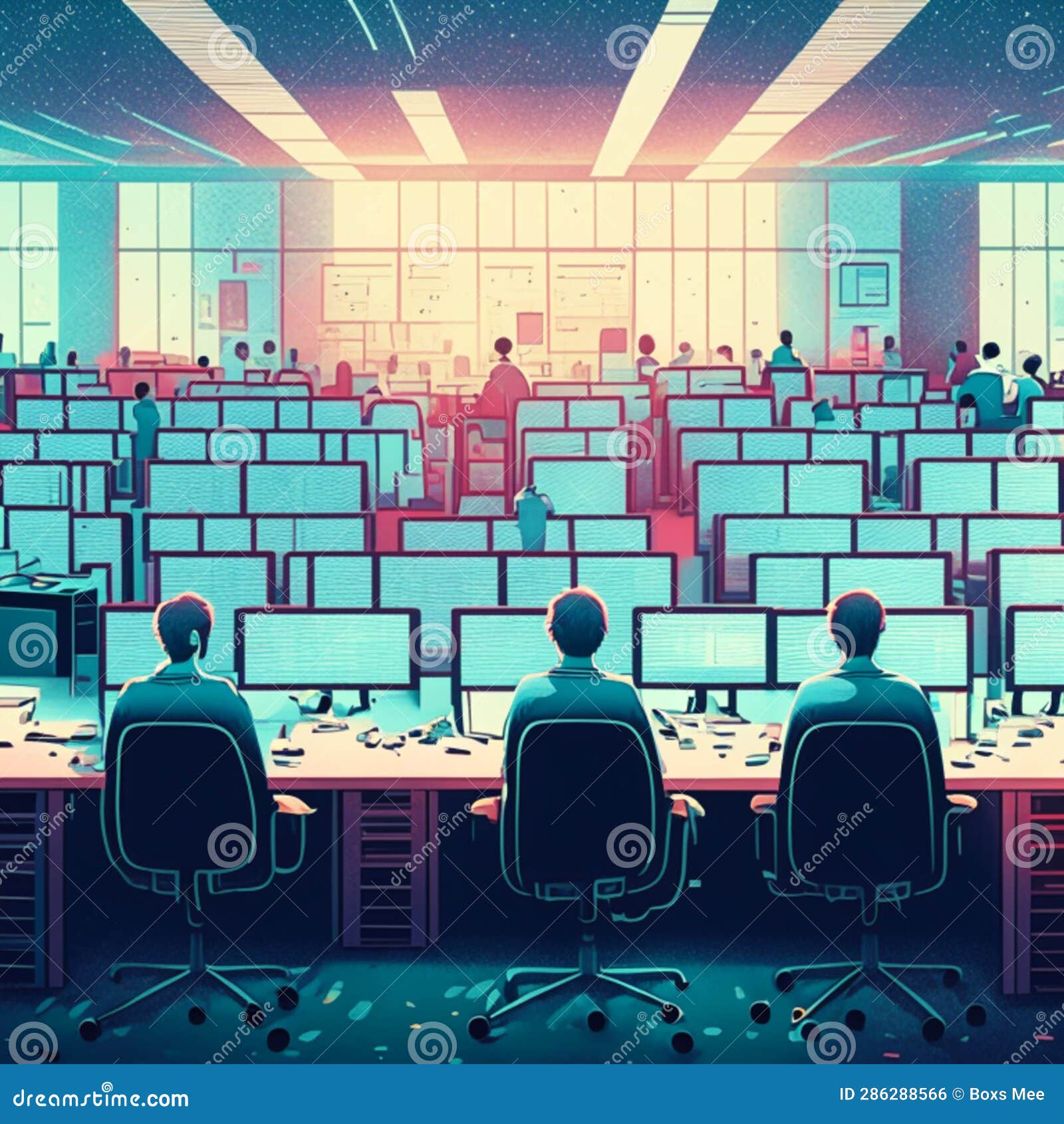 Interior of a Modern Conference Room with Rows of Computer Monitors. 3d ...