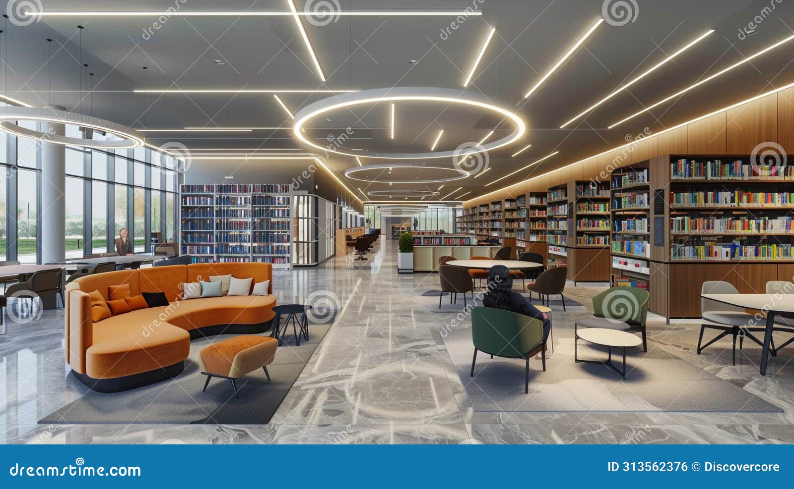 A Contemporary Library Featuring Biophilic Design, Incorporating Nature ...