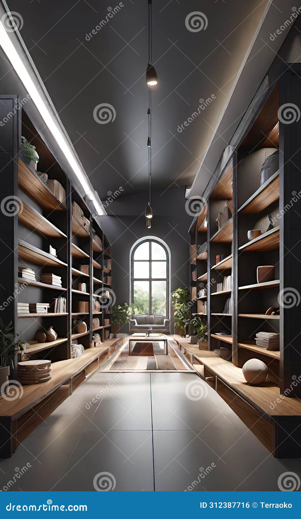 Interior of a Modern Corridor with a Library, Warehouse Design with ...