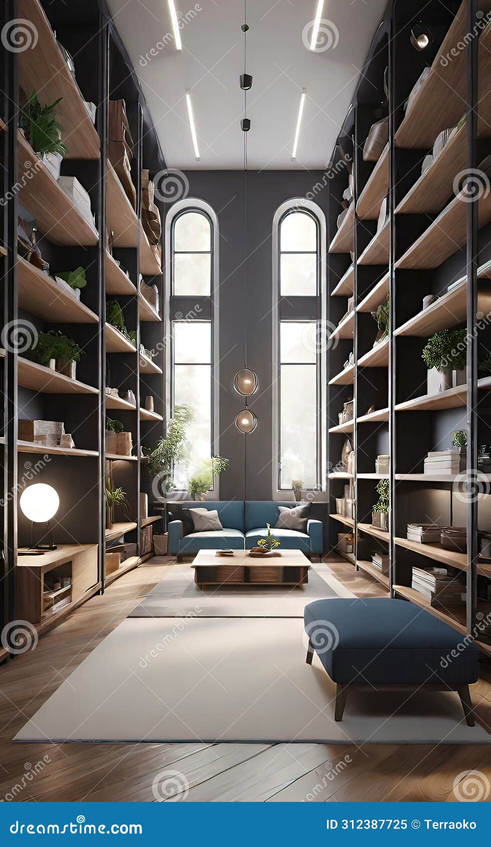 Interior of a Modern Corridor with a Library, Warehouse Design with ...