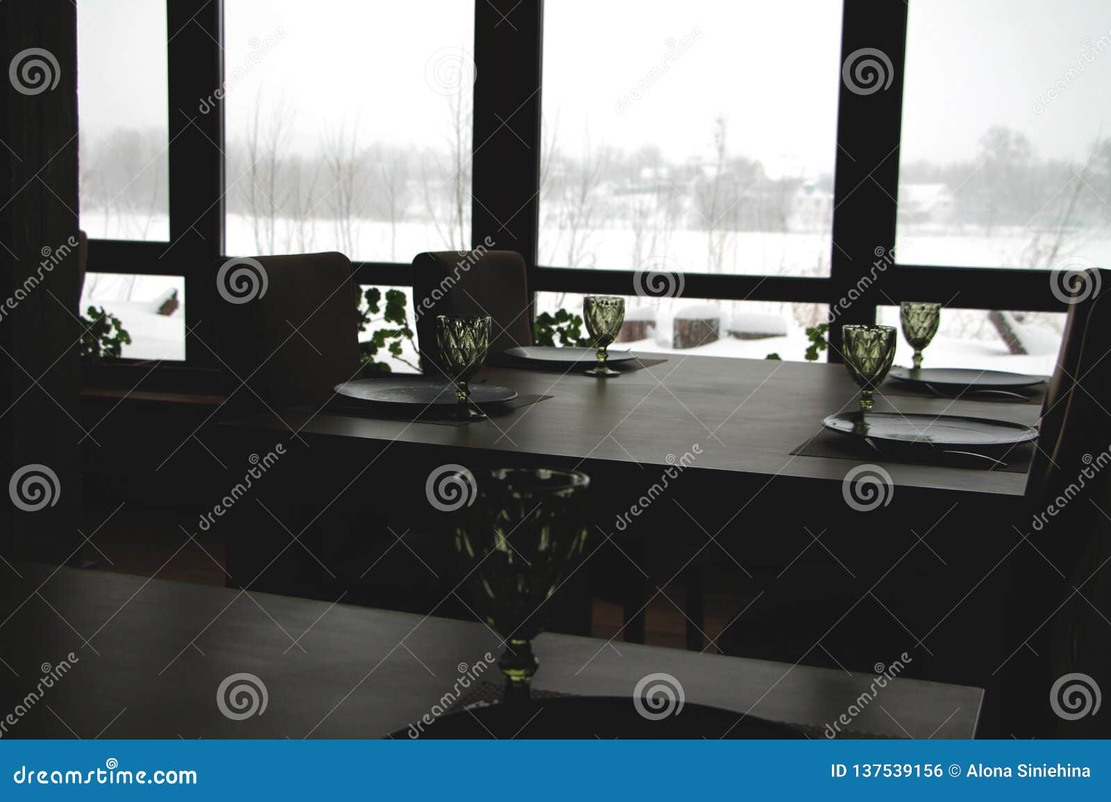 Interior of a Modern Country Restaurant. View of the Winter Landscape ...