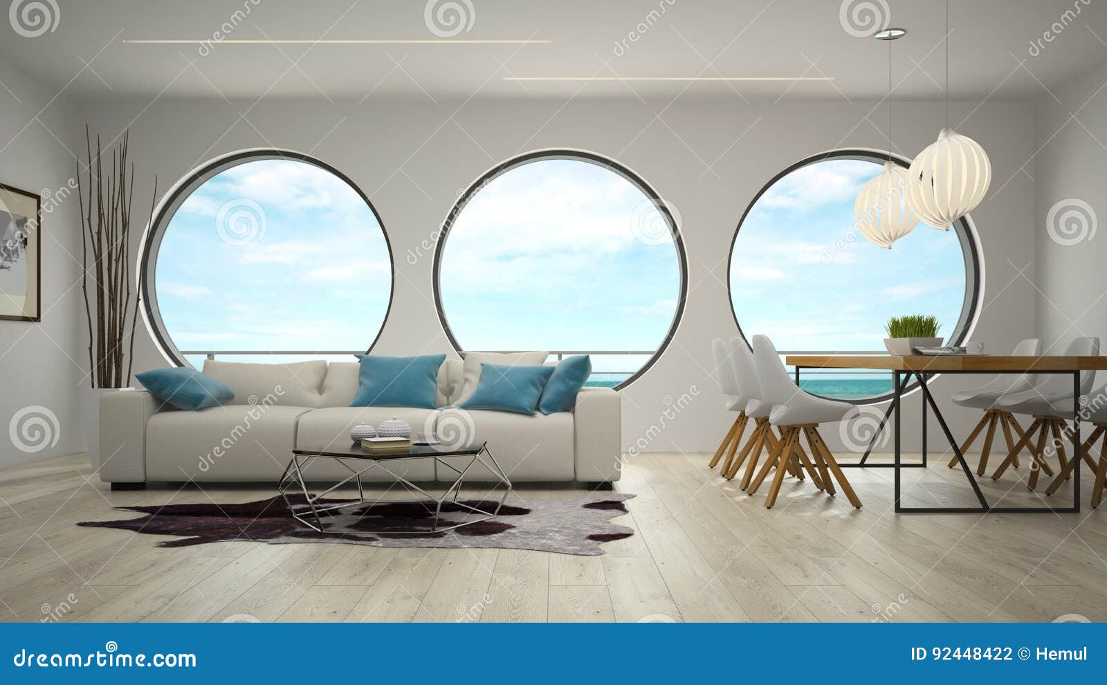 Interior of Modern Design Room with Sea View 3D Rendering Stock Photo ...