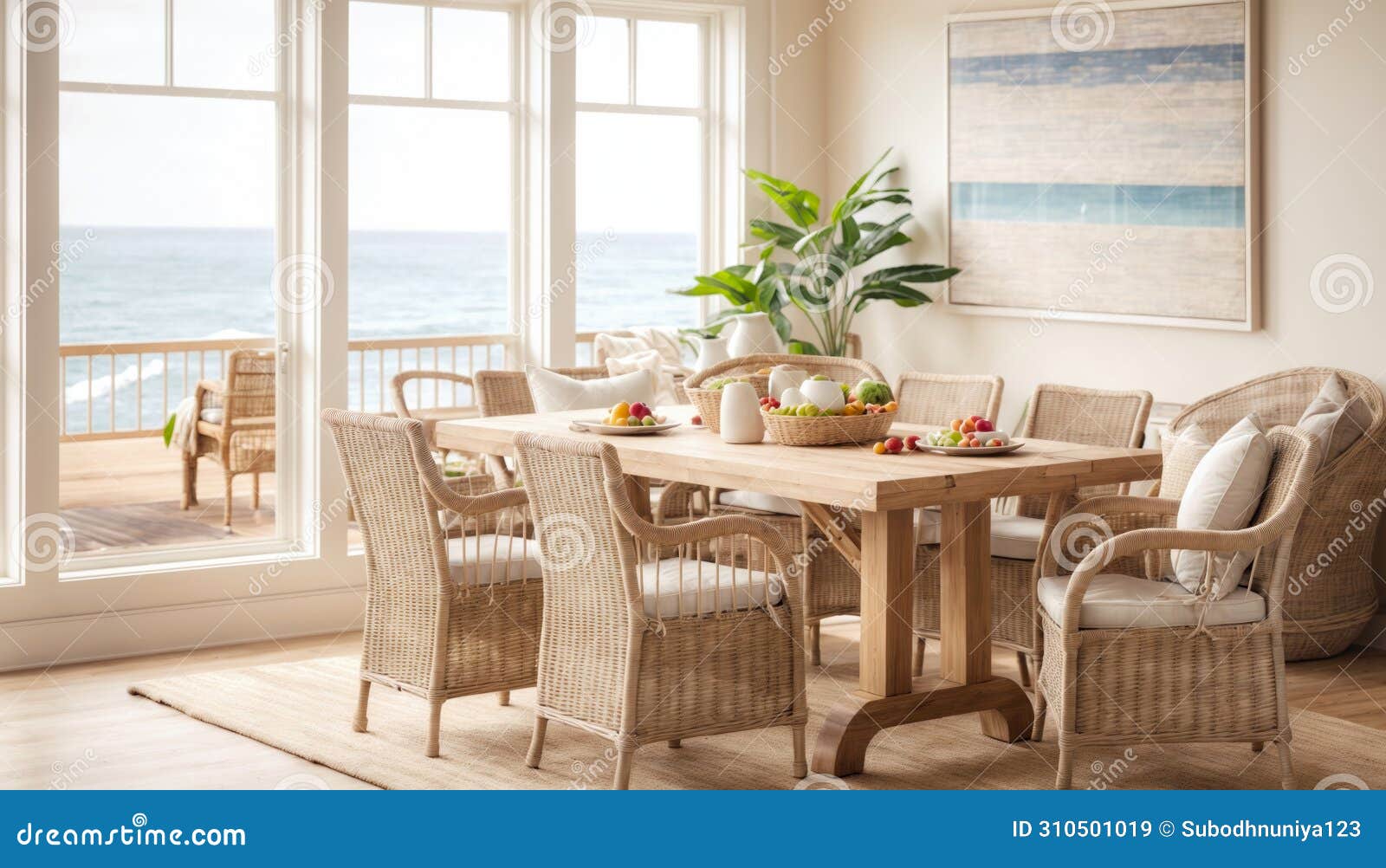 Interior Of Modern Dining Room With Sea View, Table And Chairs Stock ...