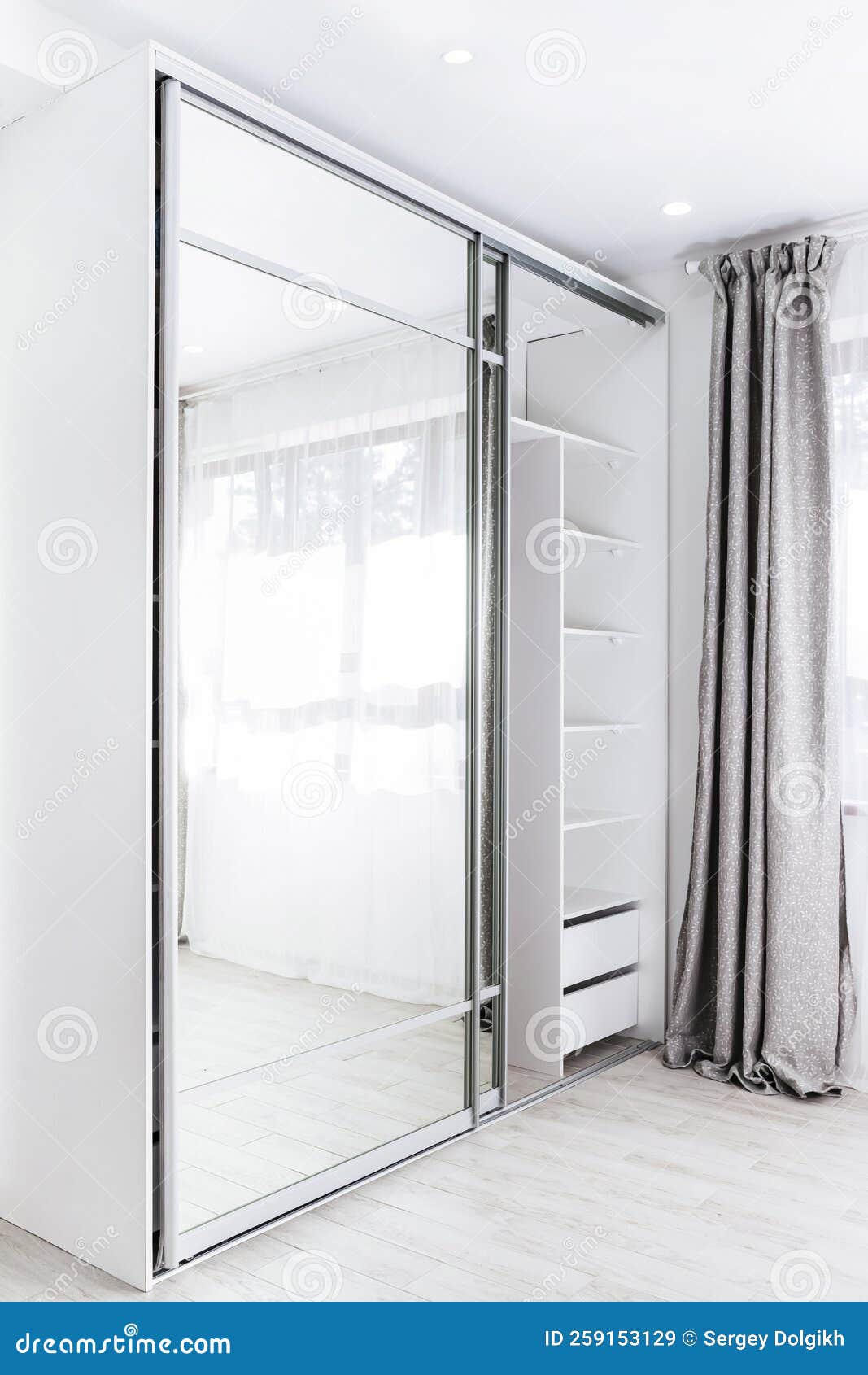Interior of Modern Empty Wardrobe Room. White Wardrobe with Mirror ...
