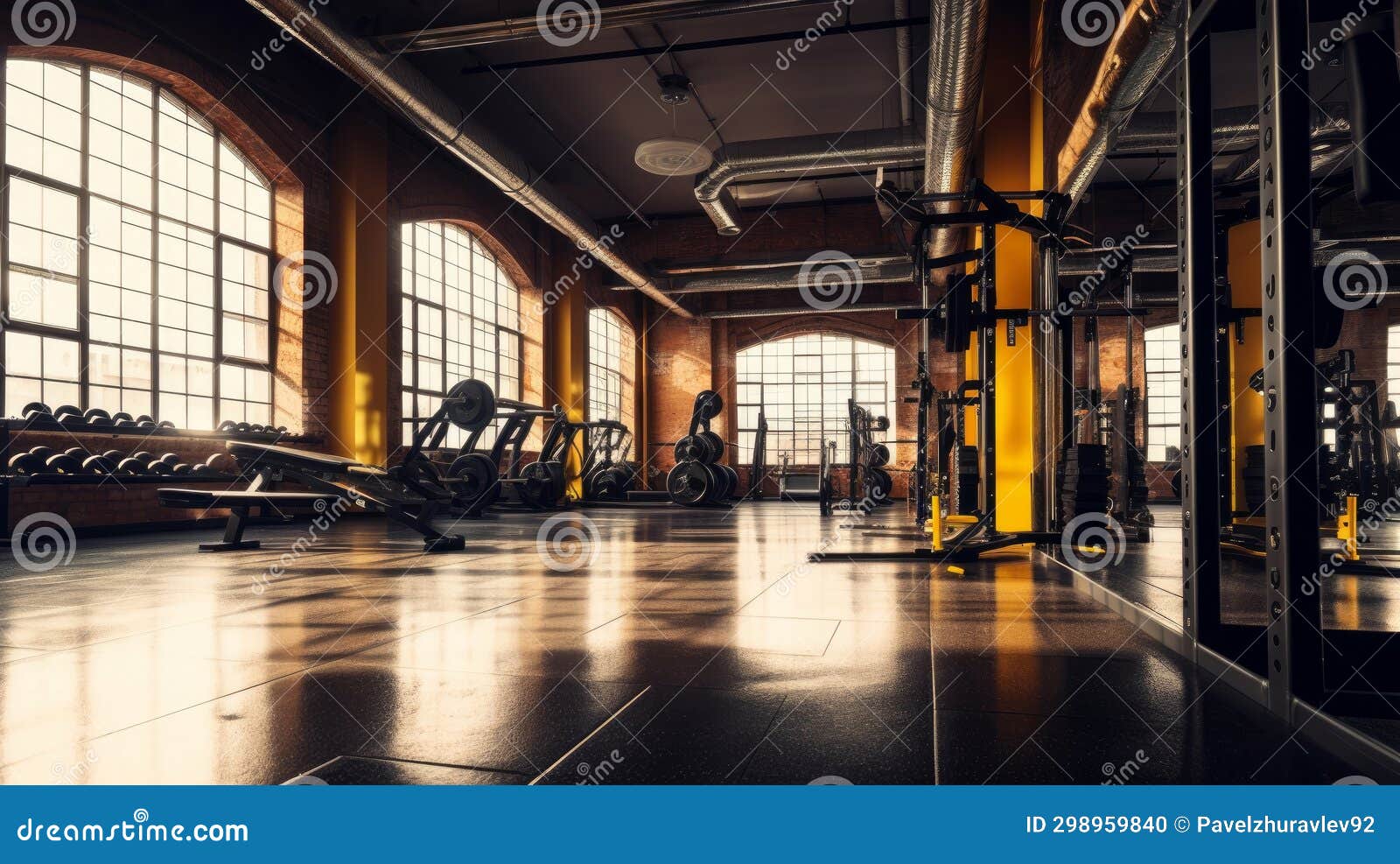 Interior of a Modern Fitness Hall at Night. 3D Rendering Stock ...