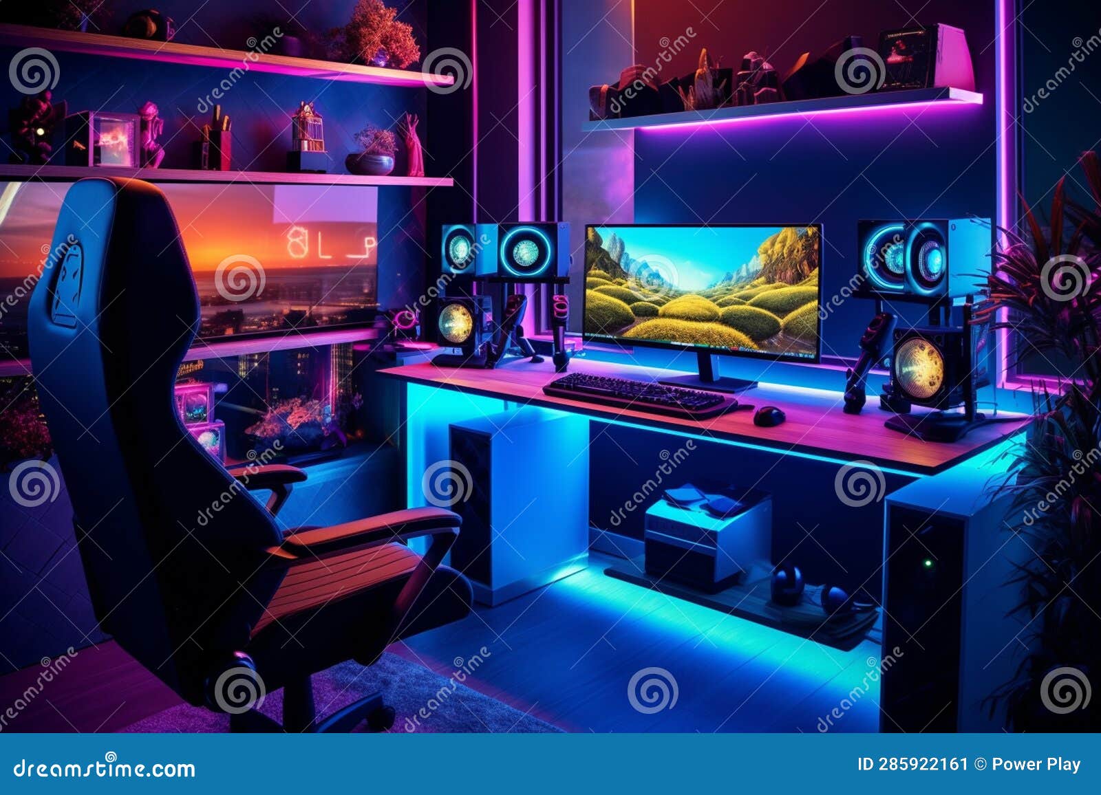 Interior of a Modern Gaming Room with a Lot of Computer Equipment Neon ...