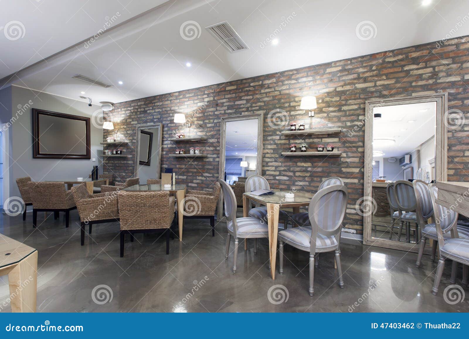 Interior of a Modern Hotel Cafe with Stone Wall Stock Photo - Image of ...