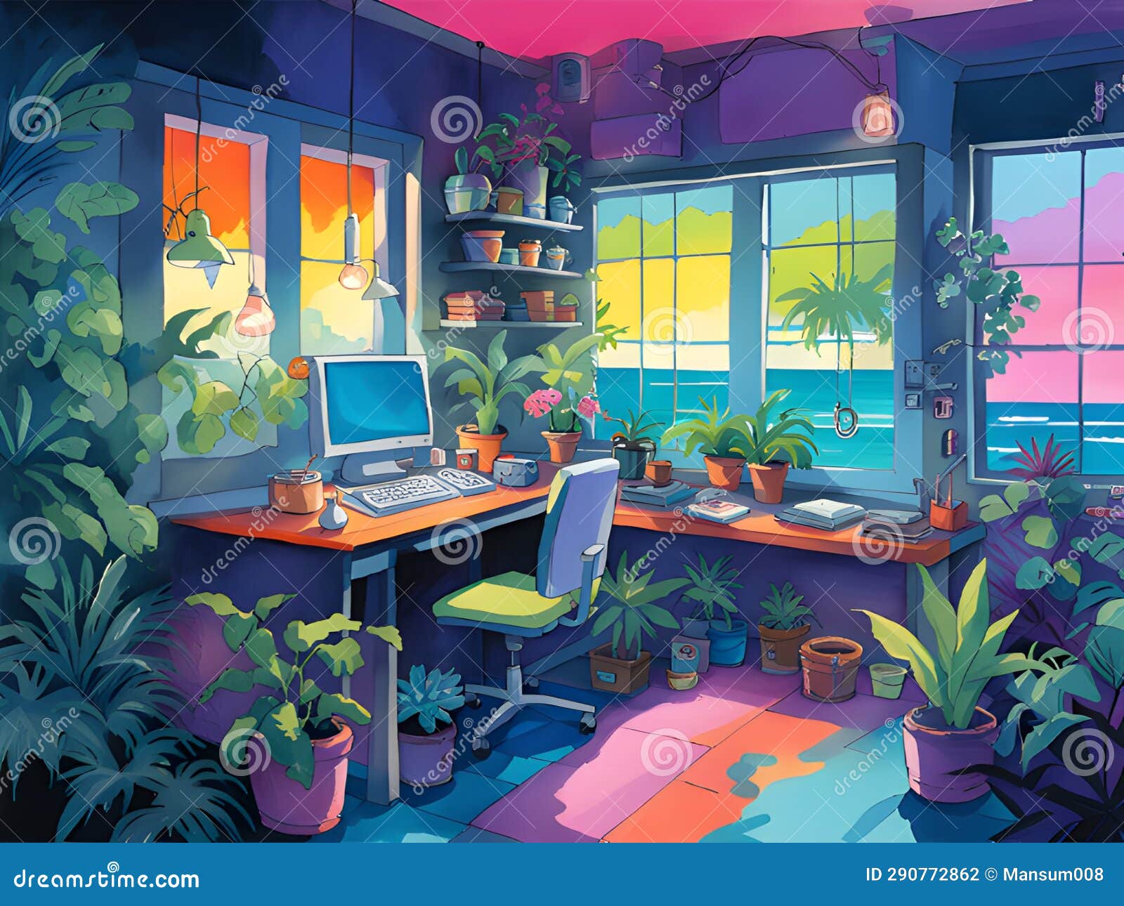 Interior of Modern House with Plants, Computer and Windows ...