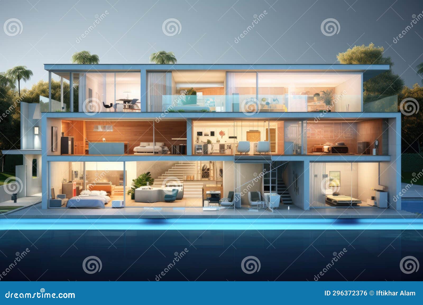 Interior of a Modern House with a Swimming Pool. 3d Rendering, Modern ...
