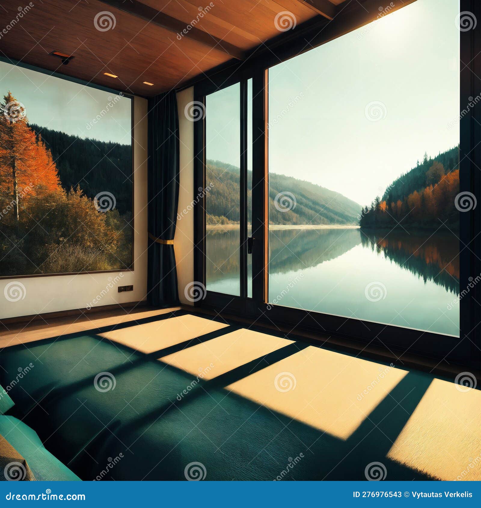 Interior of a Modern House, Window Overlooking the Lake and Mountains ...