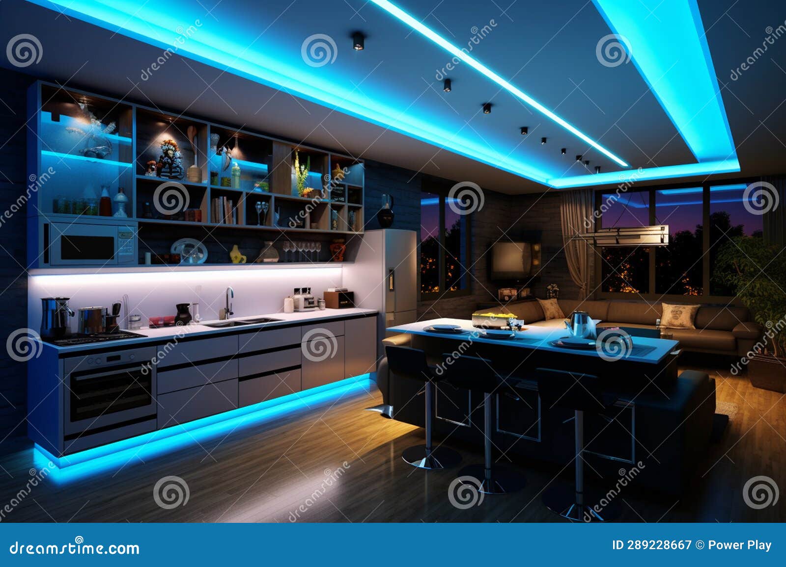 Interior of a Modern Kitchen with Blue and Purple Neon Lighting. 3d ...