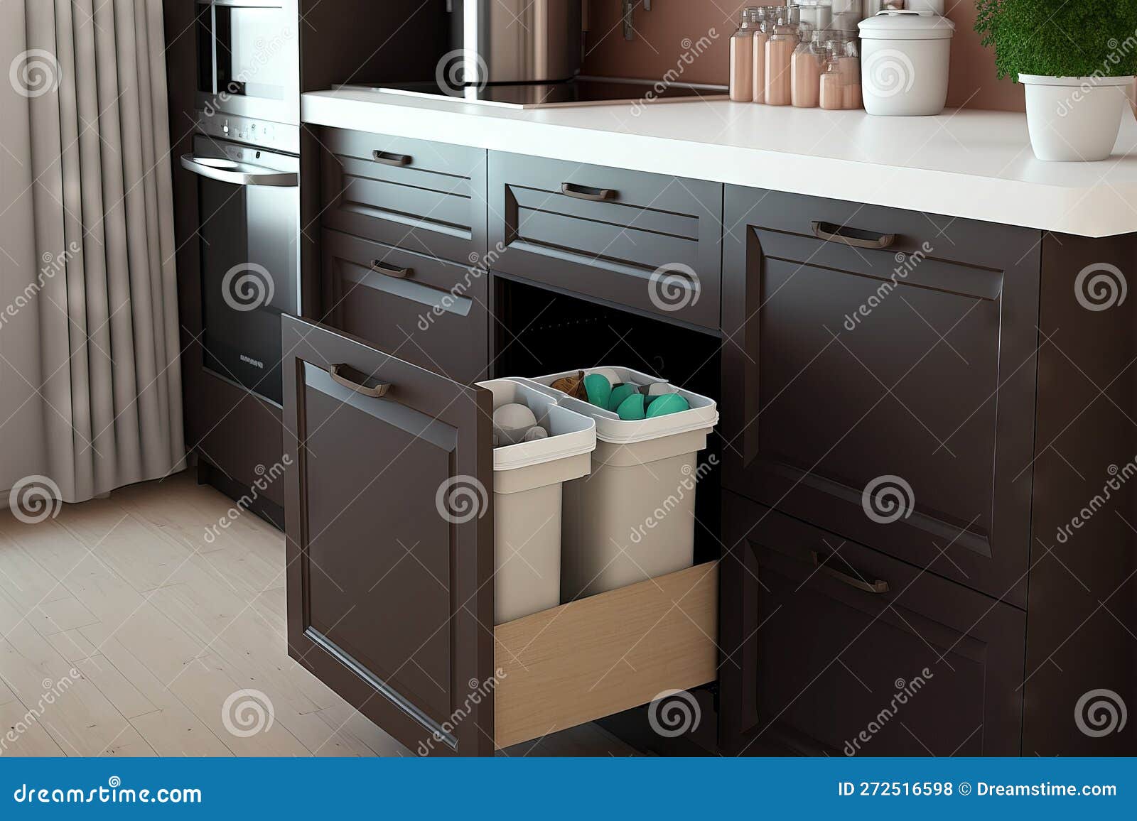 Interior of Modern Kitchen Counters with Open Drawers and Garbage Can ...