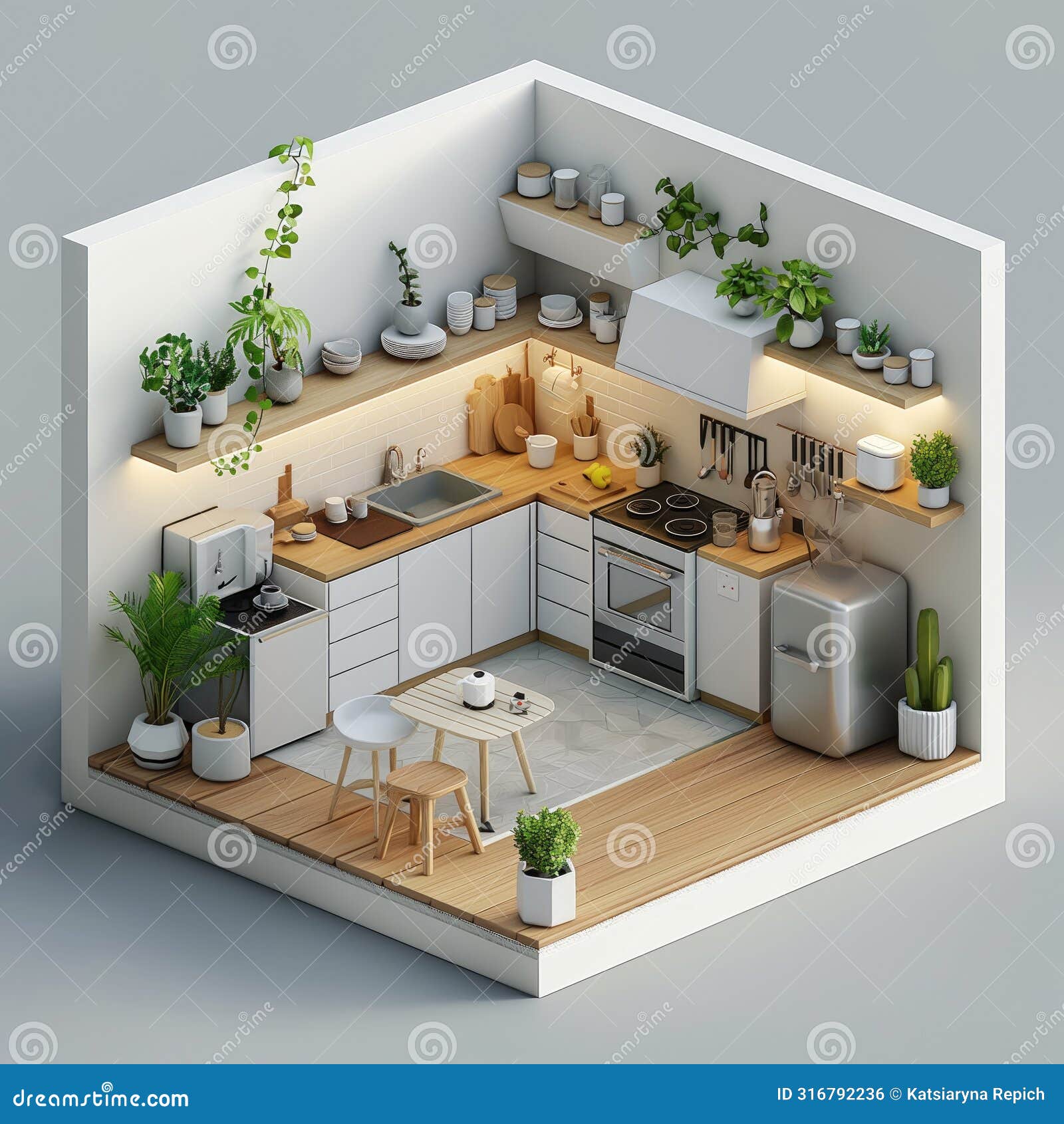 Interior of Modern Kitchen in Isometric View. 3D Rendering Stock ...