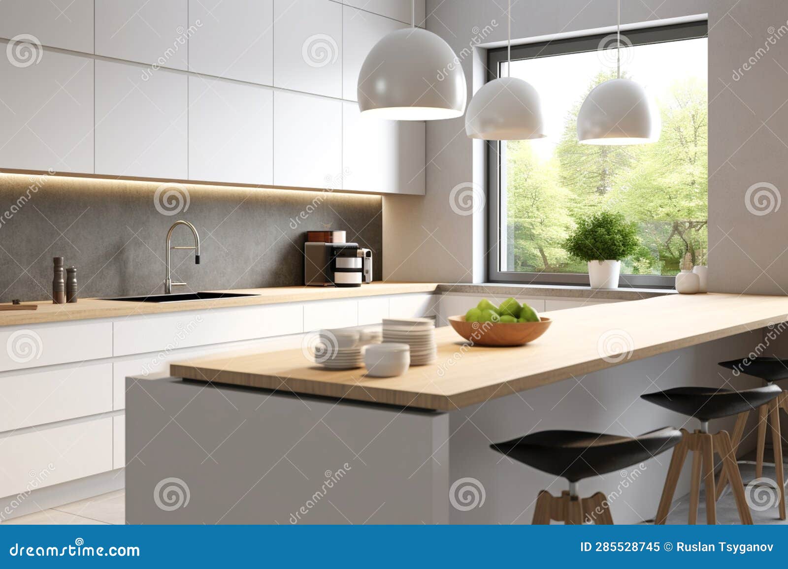 Interior of Modern Kitchen with Large Panoramic Windows, Illustration ...
