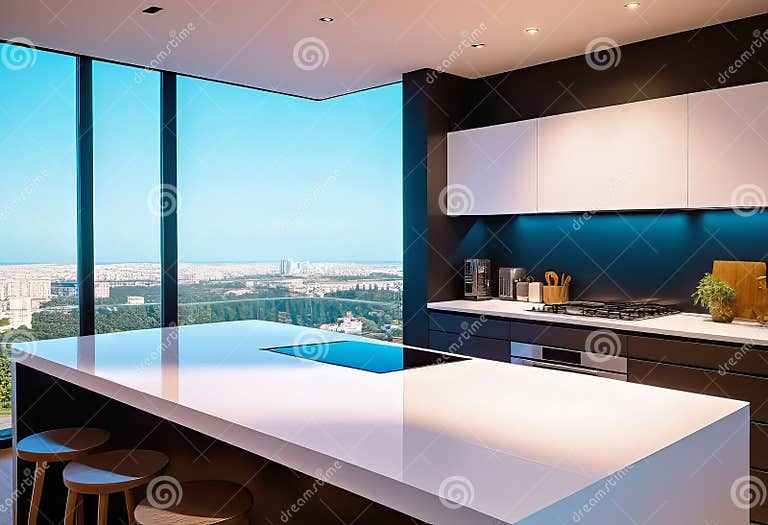 Interior of a Modern Kitchen with Large Windows and a View of the ...