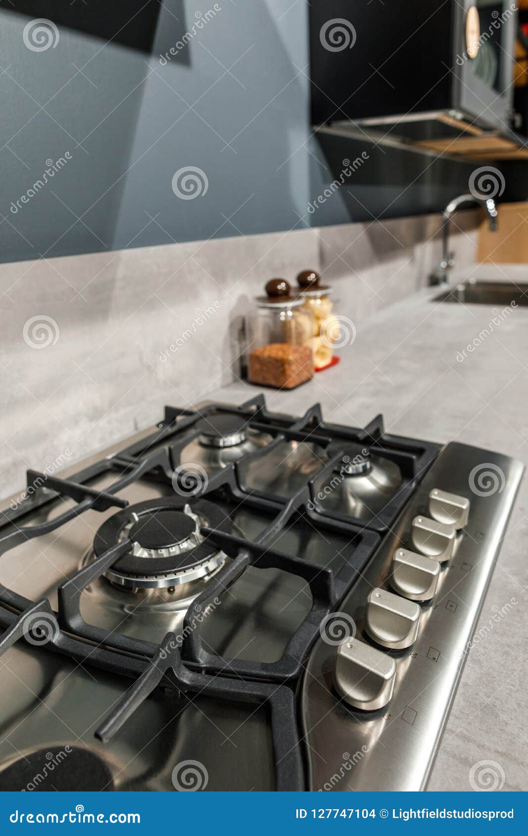 Interior of Modern Kitchen with Metal Stove on Counter Stock Photo ...