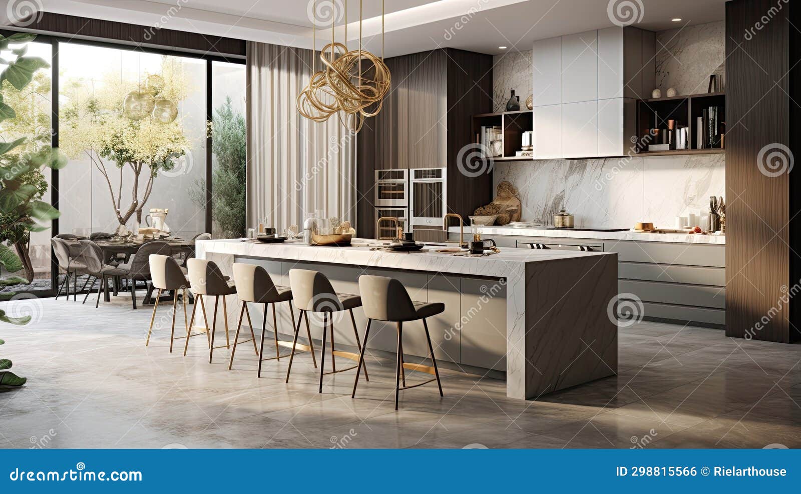 3d Render of Modern Kitchen Interior with Bar and Stools Stock ...