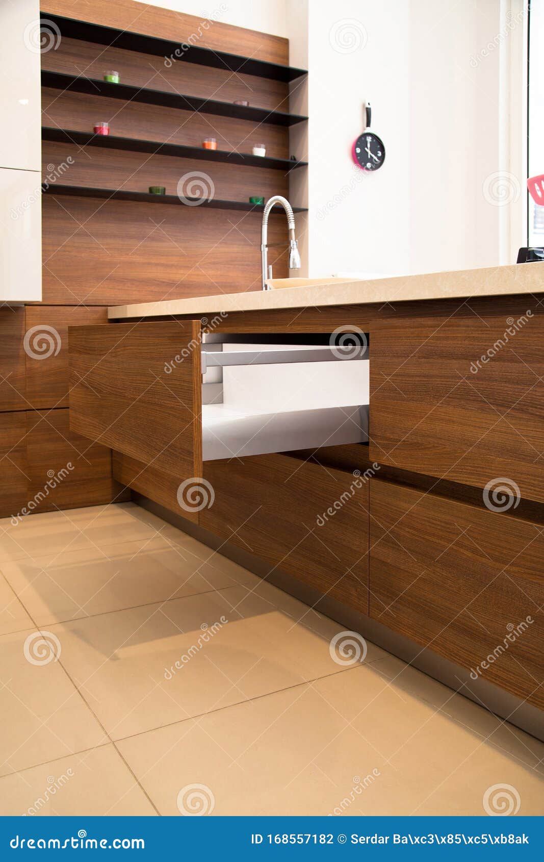 Interior of Modern Kitchen, White and Walnut Cabinets Stock Photo ...