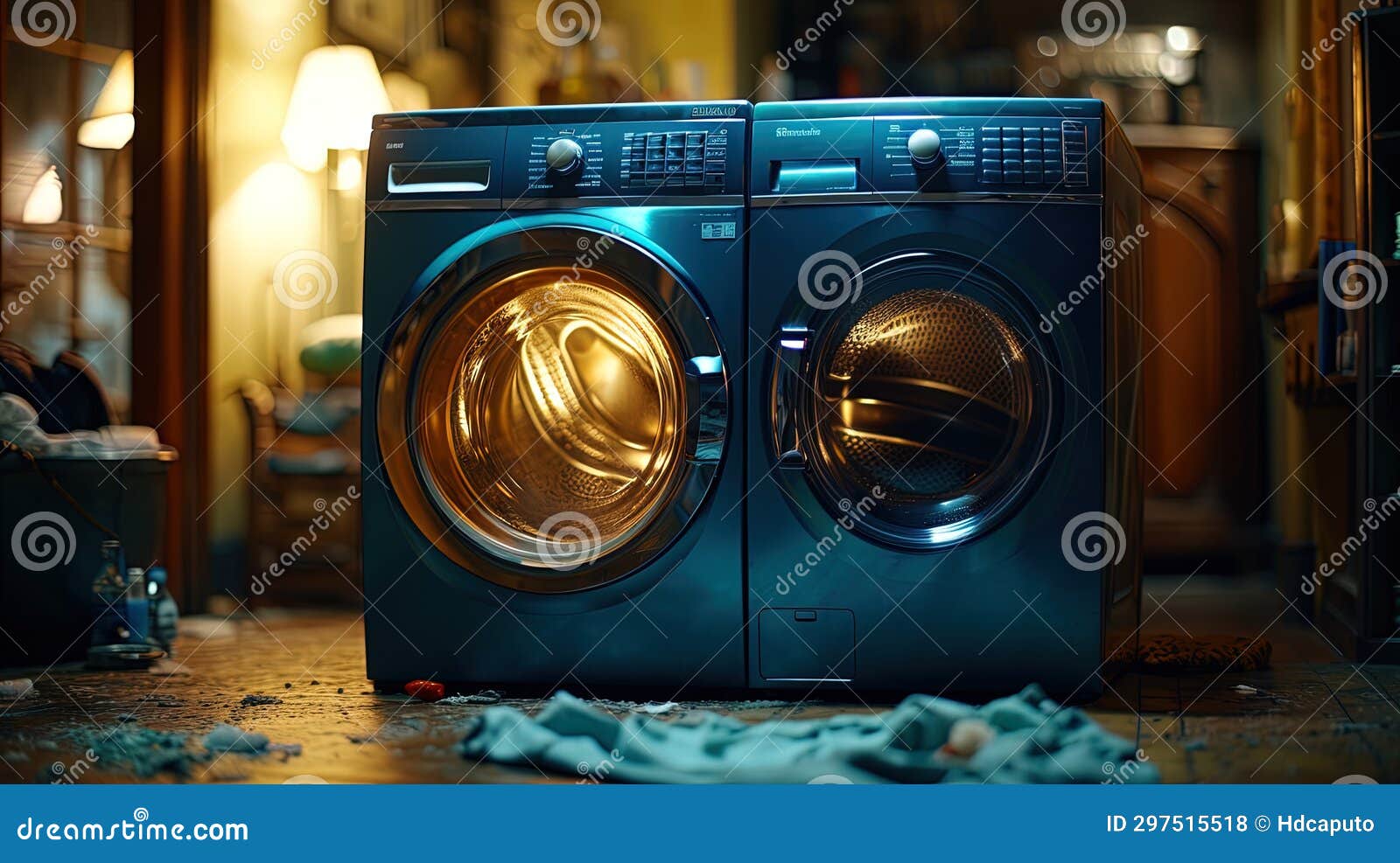 Interior of Laundry Room with Washing Machines and Dirty Clothes Stock ...