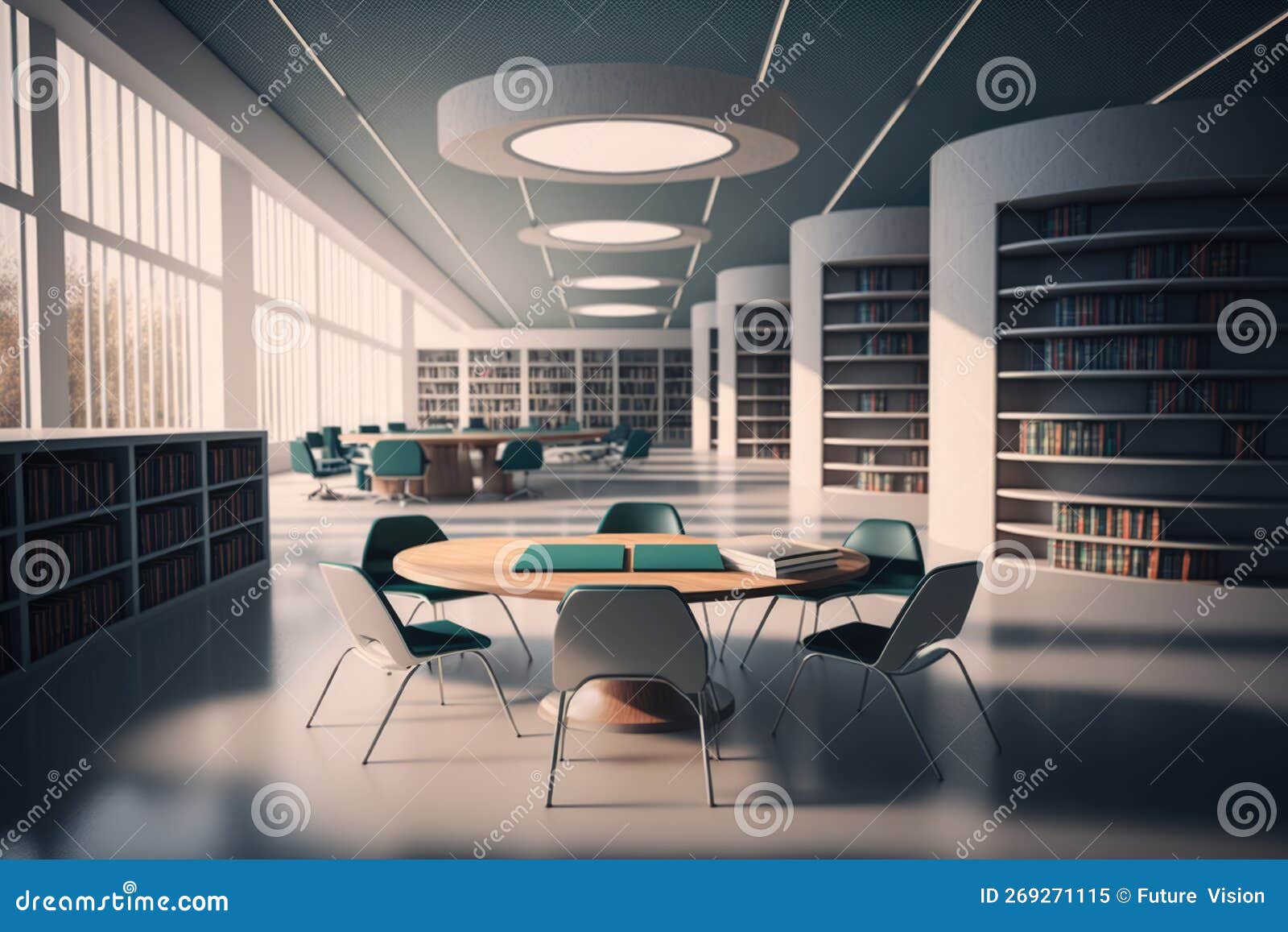 Interior of Modern Library with Bookcases, Table and Windows Created ...