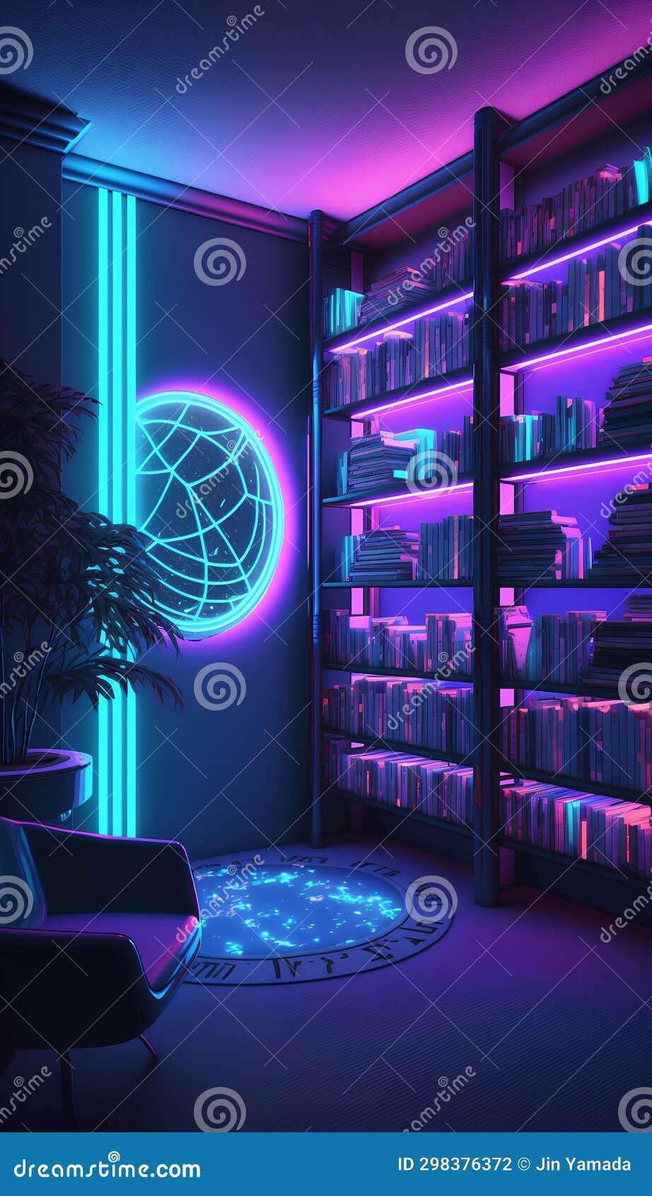 Interior of Modern Library with Bookshelf, Bookshelf and Neon Lights ...