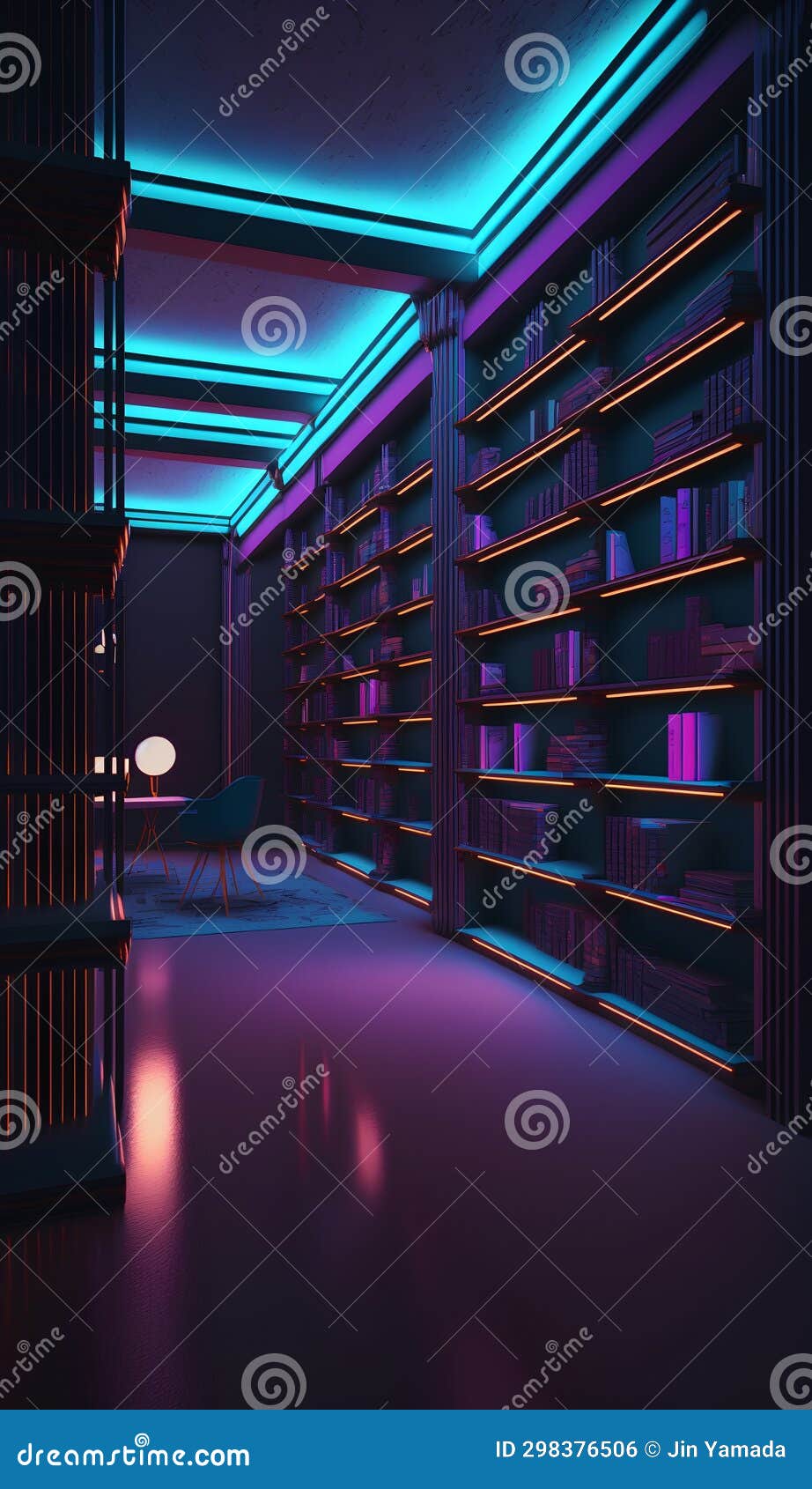 Interior of Modern Library with Bookshelves, 3d Render Stock ...