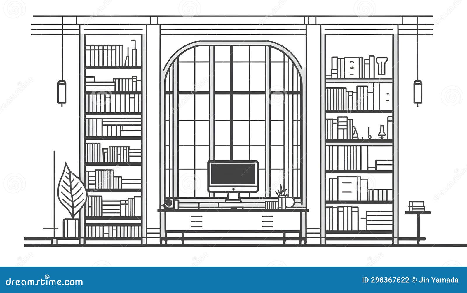 Interior of a Modern Library. Line Art. Vector Illustration Stock ...