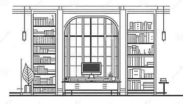 Interior of a Modern Library. Line Art. Vector Illustration Stock ...