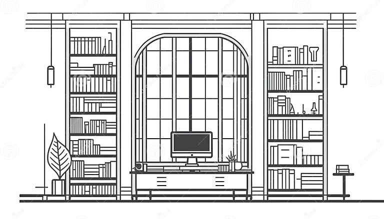 Interior of a Modern Library. Line Art. Vector Illustration Stock ...