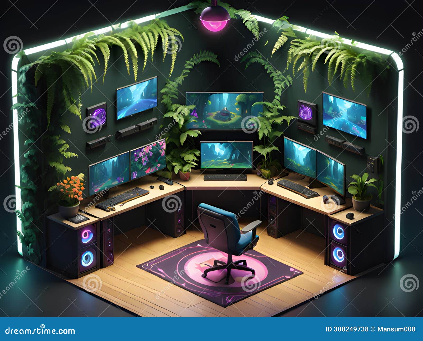 Interior of Modern Living Room with Green Plants and Computer Stock ...