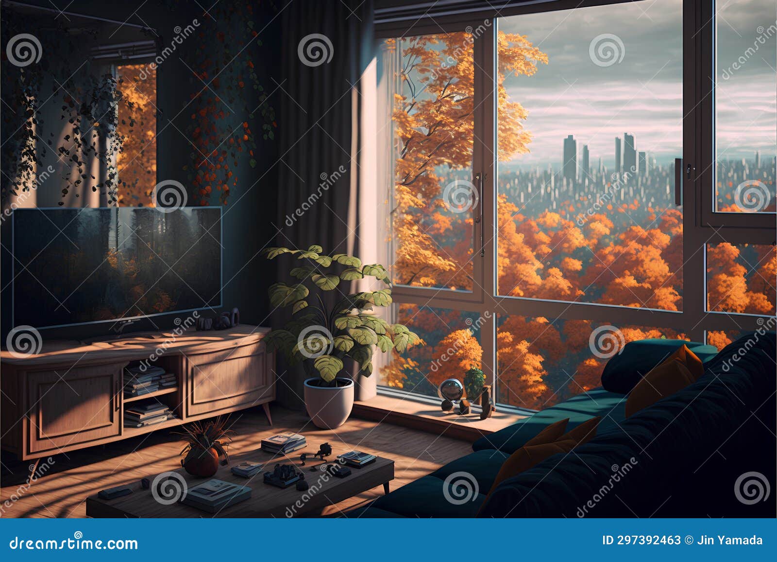 Interior of a Modern Living Room with a Large Window Overlooking the ...