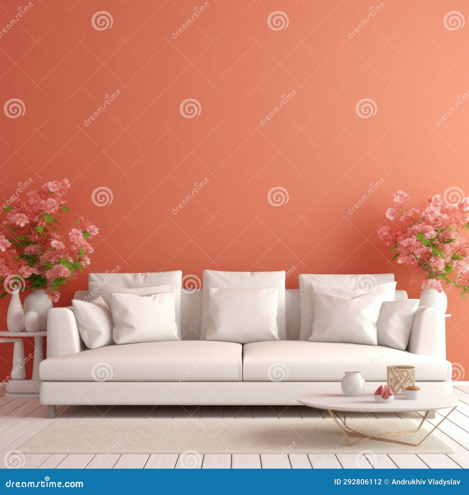 Interior of Modern Living Room with White Fabric Sofa Over Coral Wall ...