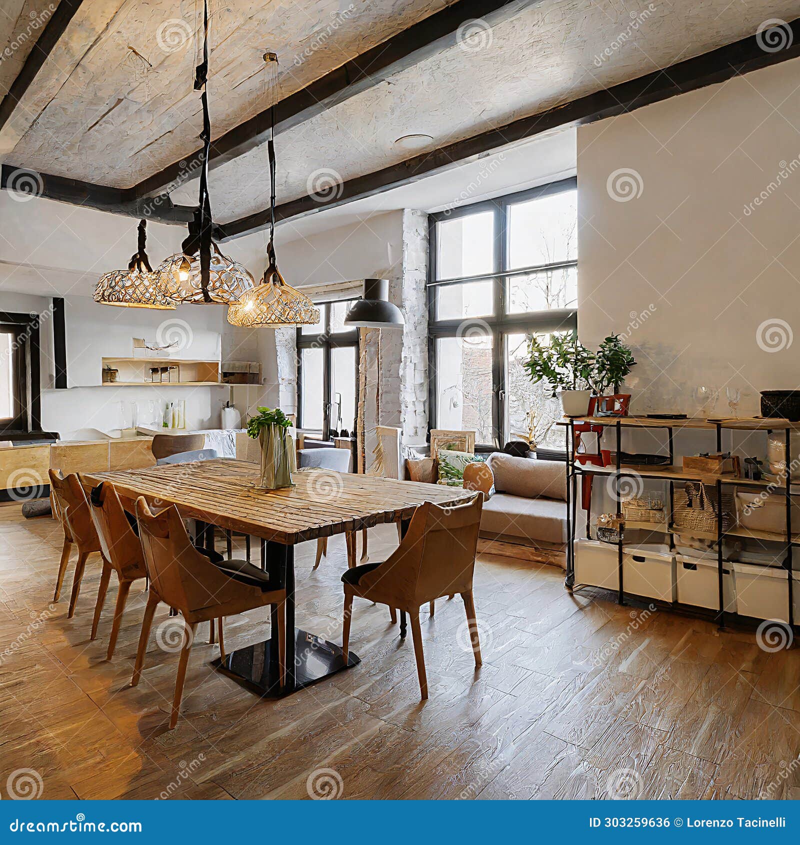 Interior of Modern Loft Style Kitchen with Brick Walls and Wooden Floor ...
