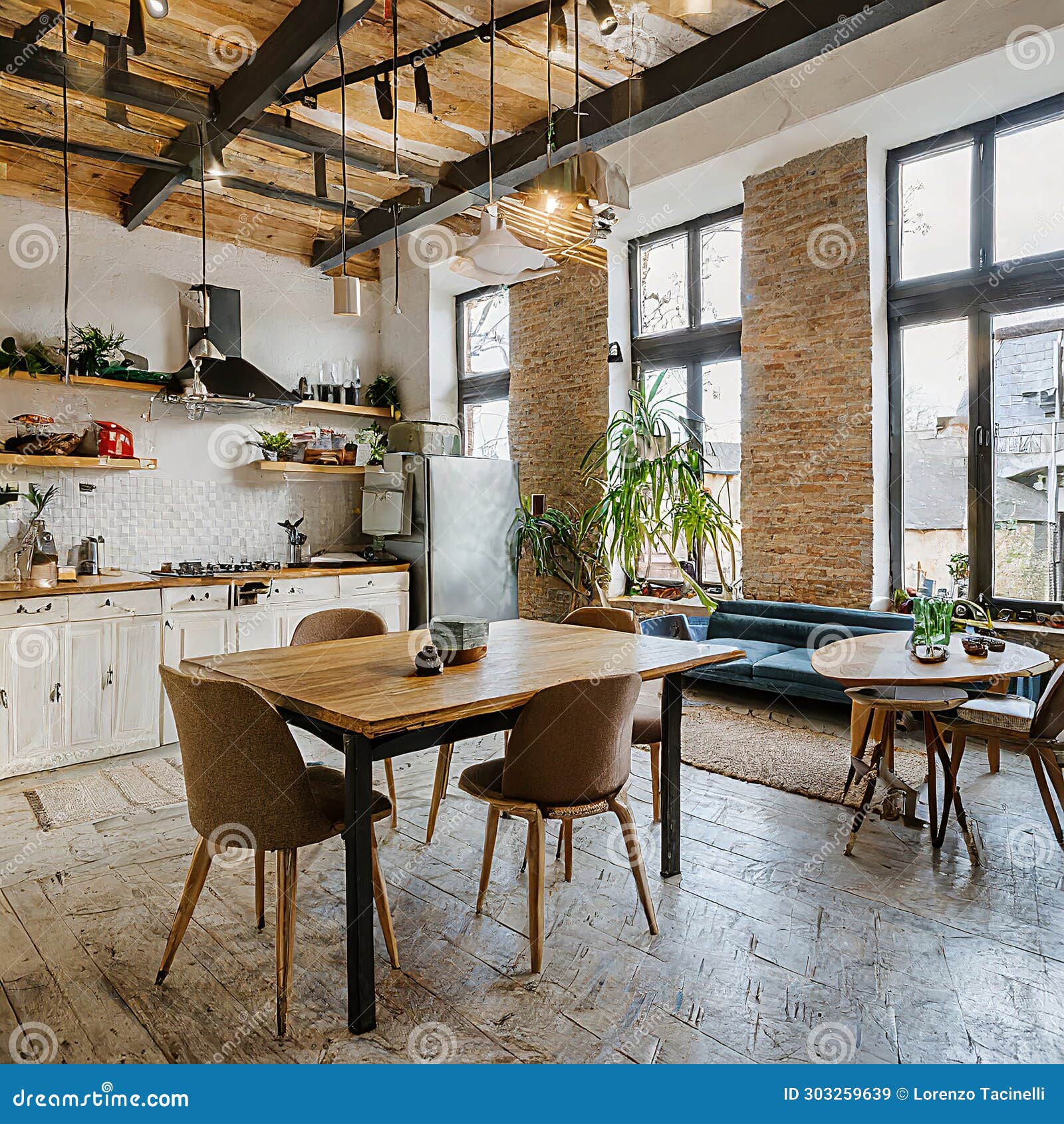 Interior of Modern Loft Style Kitchen with Brick Walls and Wooden Floor ...