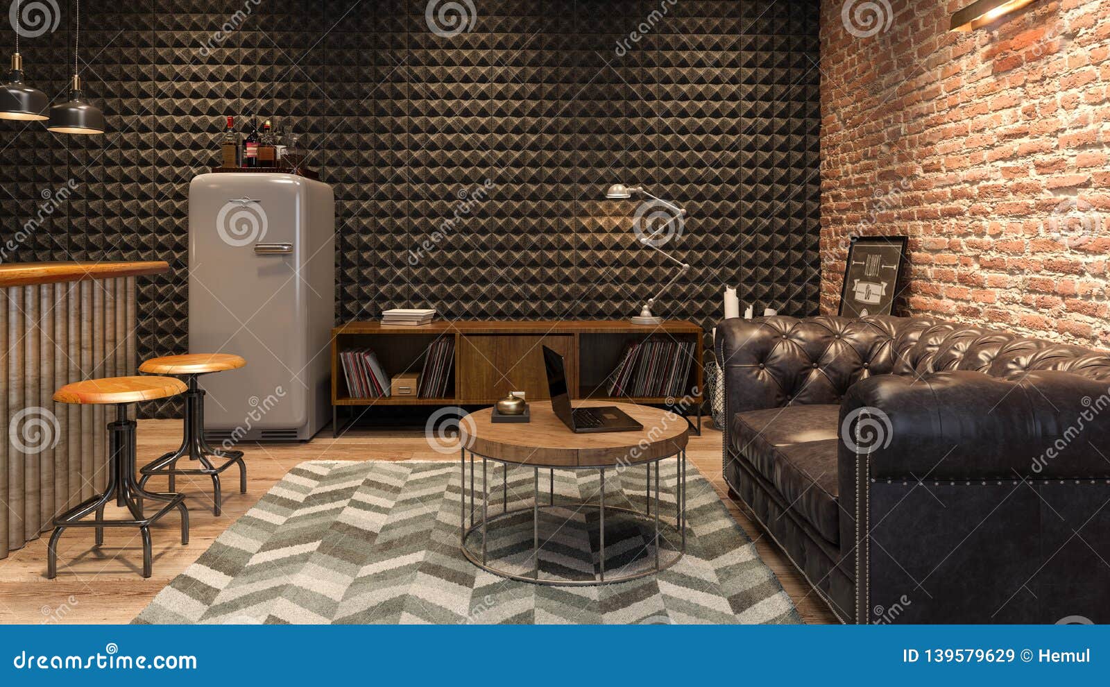 Interior of Modern Man Living Room with Bar 3D Rendering Stock Image ...