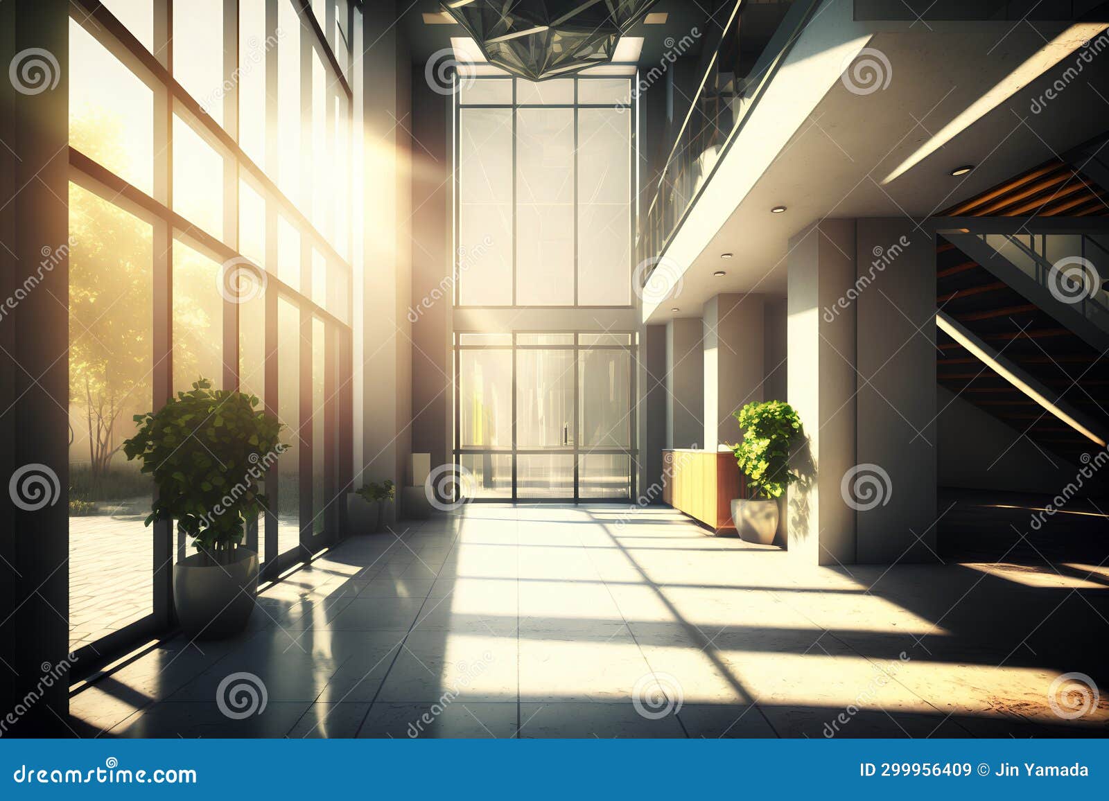 Interior of a Modern Office Building with Large Windows. 3d Rendering ...