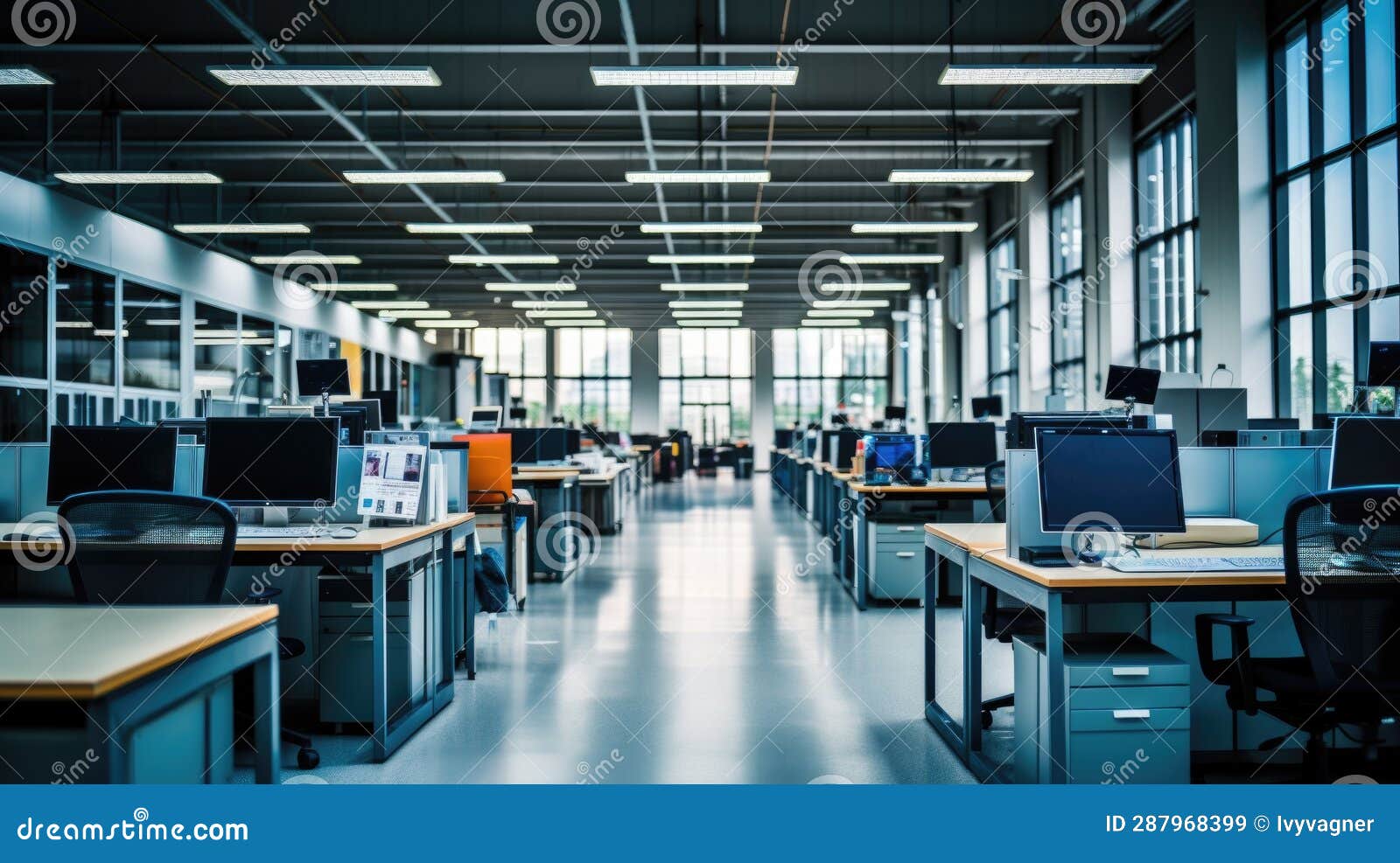 Interior of a Modern Office Building with Rows of Computer Tables and ...