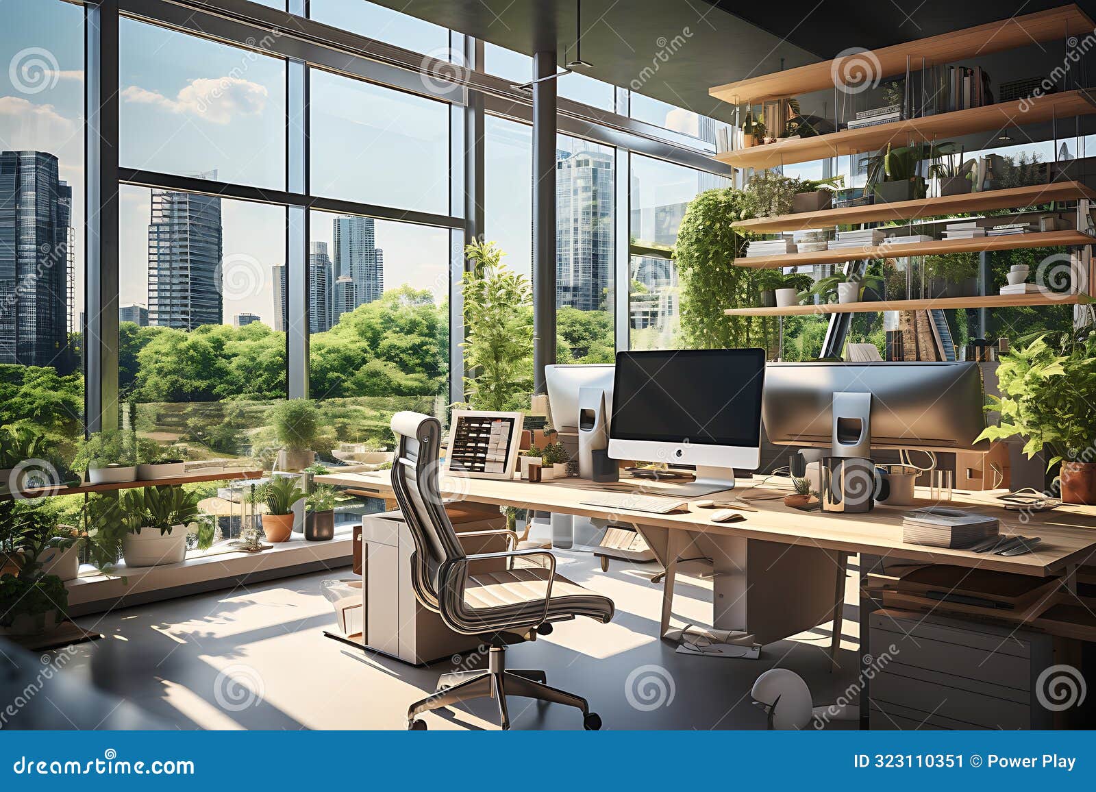 Interior of Modern Office with City View and Daylight. 3D Rendering ...